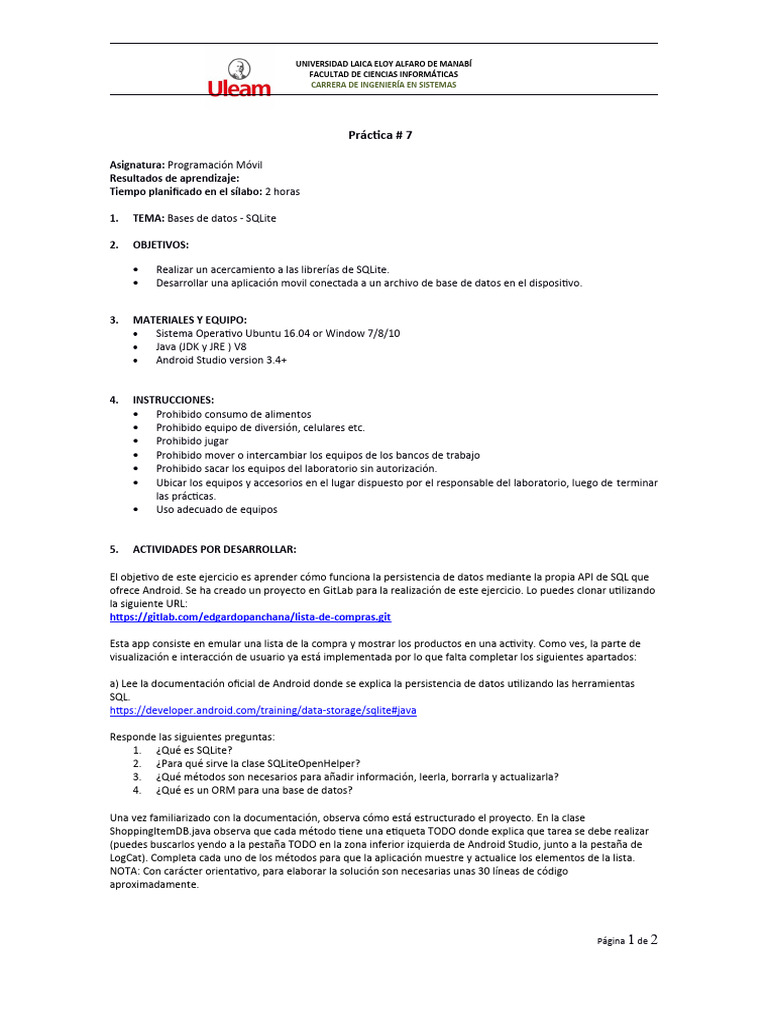 Práctica 8 - SQLite Librerias-1575943679 | PDF | Android (sistema operativo) | Java (lenguaje de ...