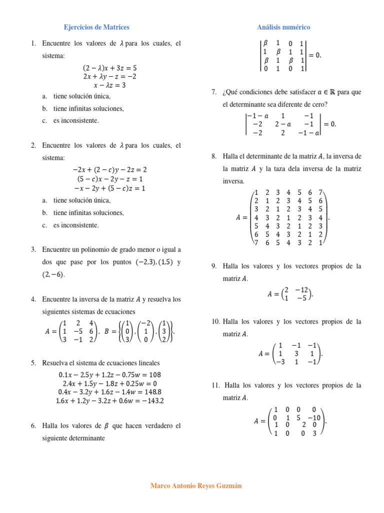 Ejercicios de Matrices-1 | PDF | Matriz (Matemáticas) | Valores propios y vectores propios