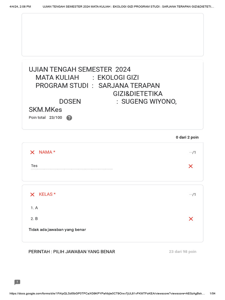 Uts 2024 Ekologi Gizi Sugeng Wiyono | PDF | Kesehatan Holistik