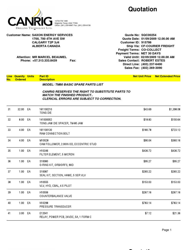 Quotation for Basic Spare Parts List for Saxon Energy Services | PDF ...