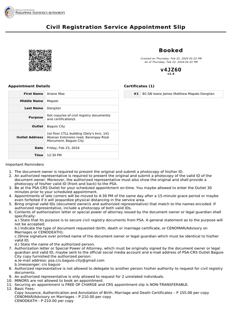 Civil Registration Service Appointment Slip | PDF