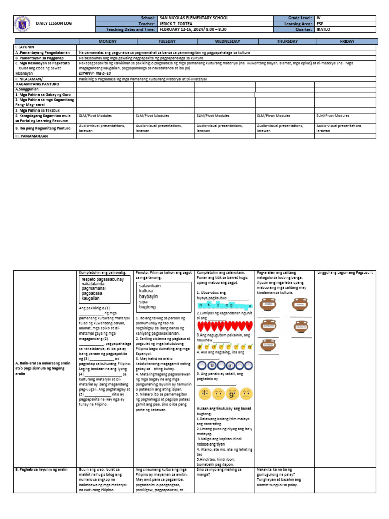 DLL ESP 4 Q3 W2 PamanangKulturangMateryal | PDF