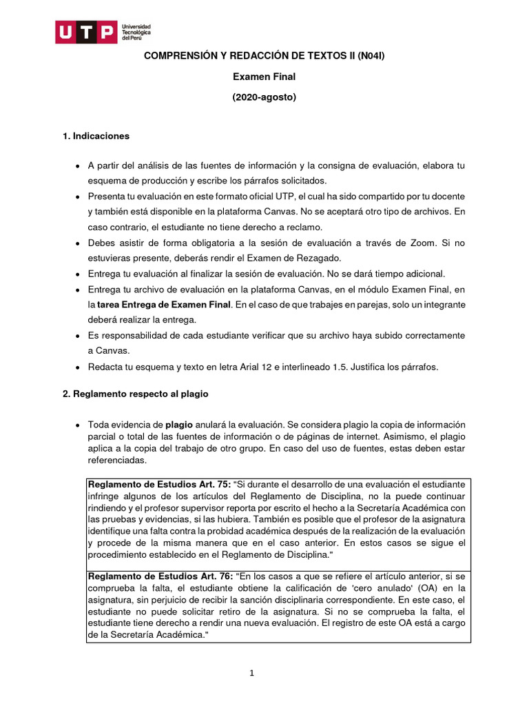 Comprensión y Redacción de Textos 2 - Examen Final - Formato Utp. | Descargar gratis PDF ...