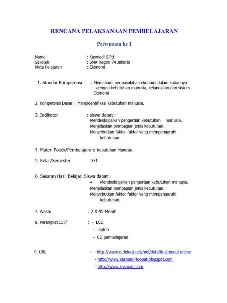 RPP Ekonomi Kelas X SMA 74 | PDF