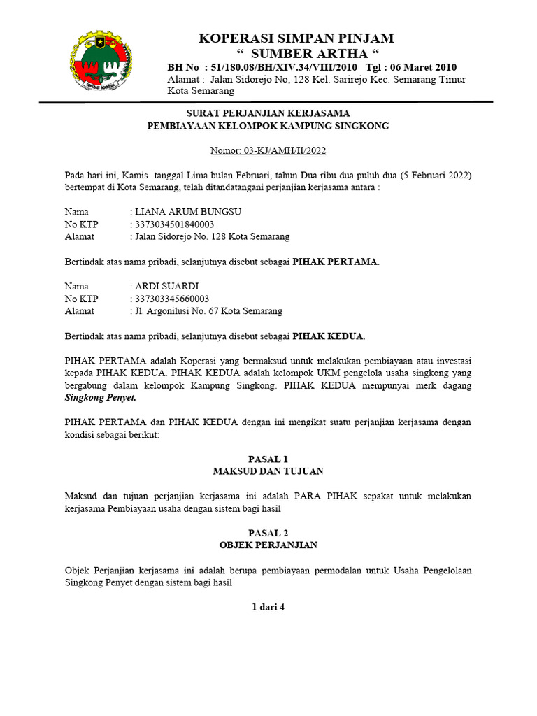 Contoh-Surat-Perjanjian-Kerjasama KSP Sumber Artha | PDF