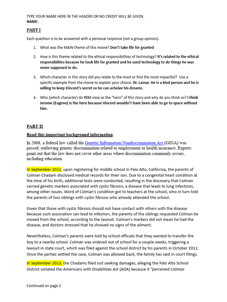 GATTACA Debriefing Assignment | PDF | Americans With Disabilities Act Of 1990 | Lawsuit
