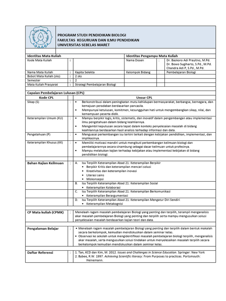 RPS Kapita Selekta | PDF | Sains & Matematika