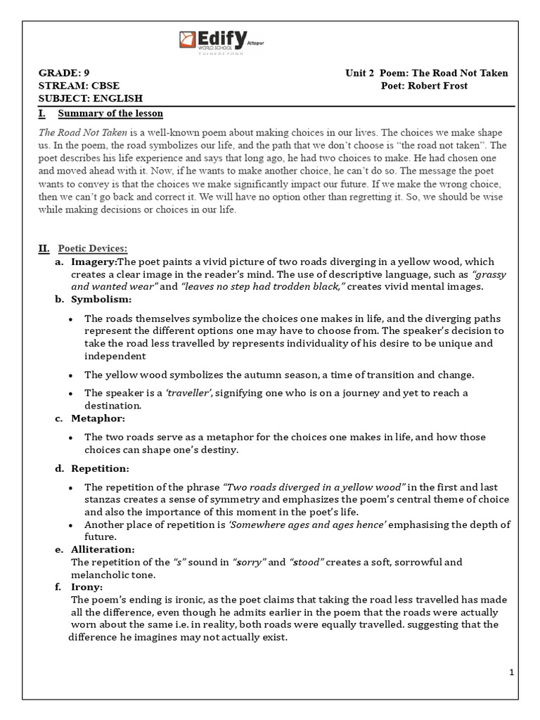 Grade 9 Summary: The Road Not Taken | PDF | Poetry