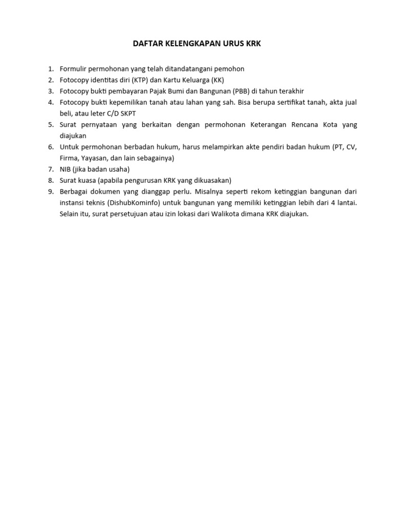 Daftar Kelengkapan Urus KRK | PDF