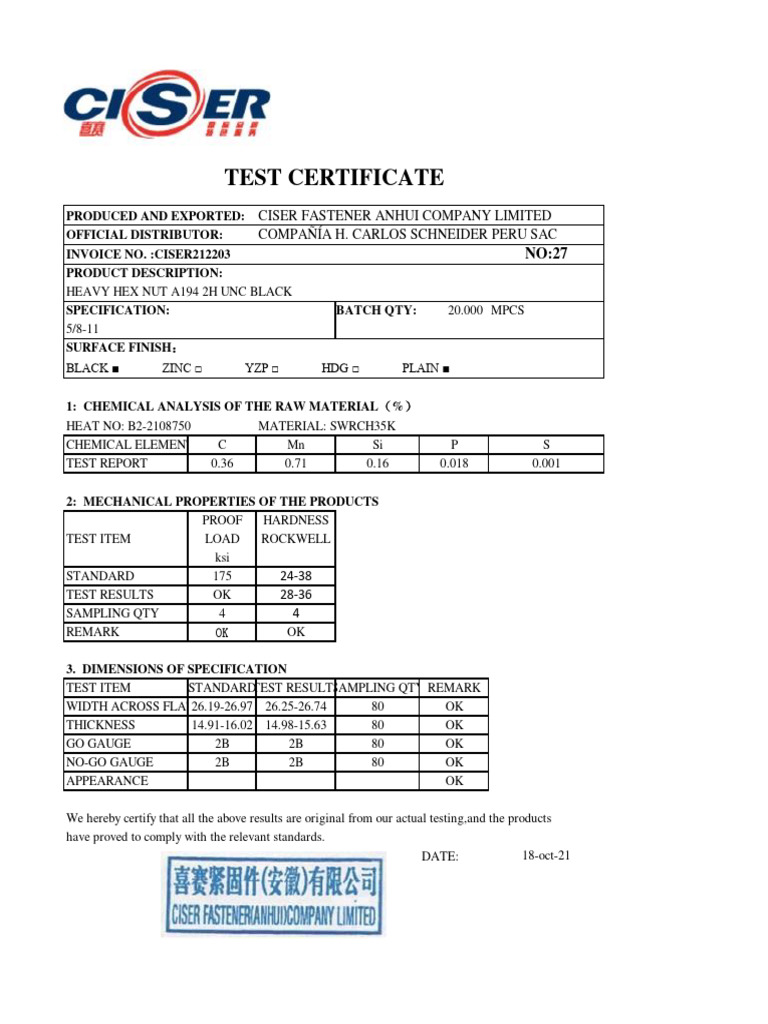 Test Certificate: Dayang Fastener Manufacturing Co.,Ltd | PDF | Home ...