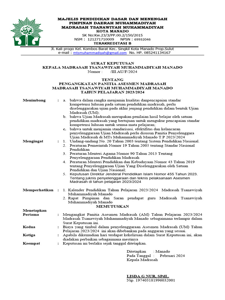 SK Panitia Asesmen Madrasah 2023-2024 | PDF