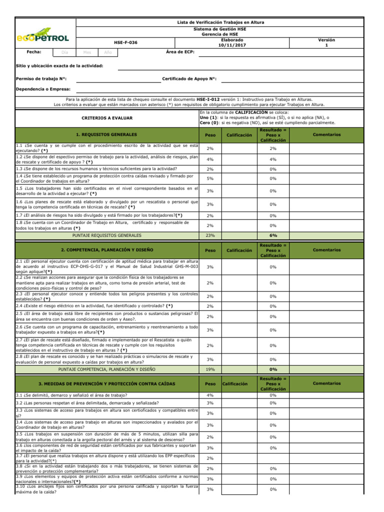 HSE-F-036 Lista de Verificación Trabajo en Alturas | PDF