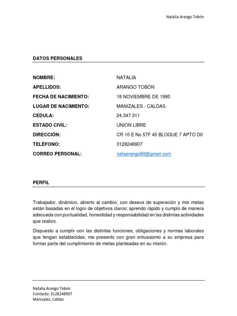 Hoja de Vida de Natalia Arango | PDF | Estilo de vida