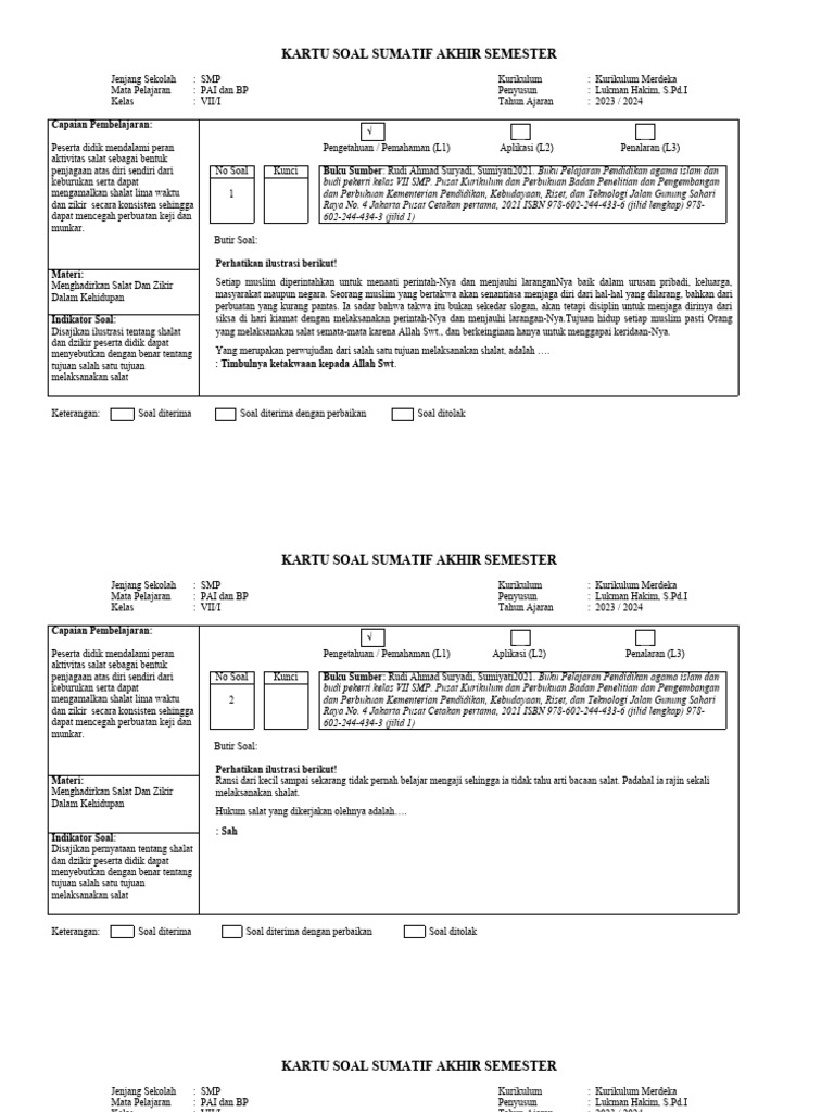 Kartu Soal Sas Pas 2023 2024 | PDF