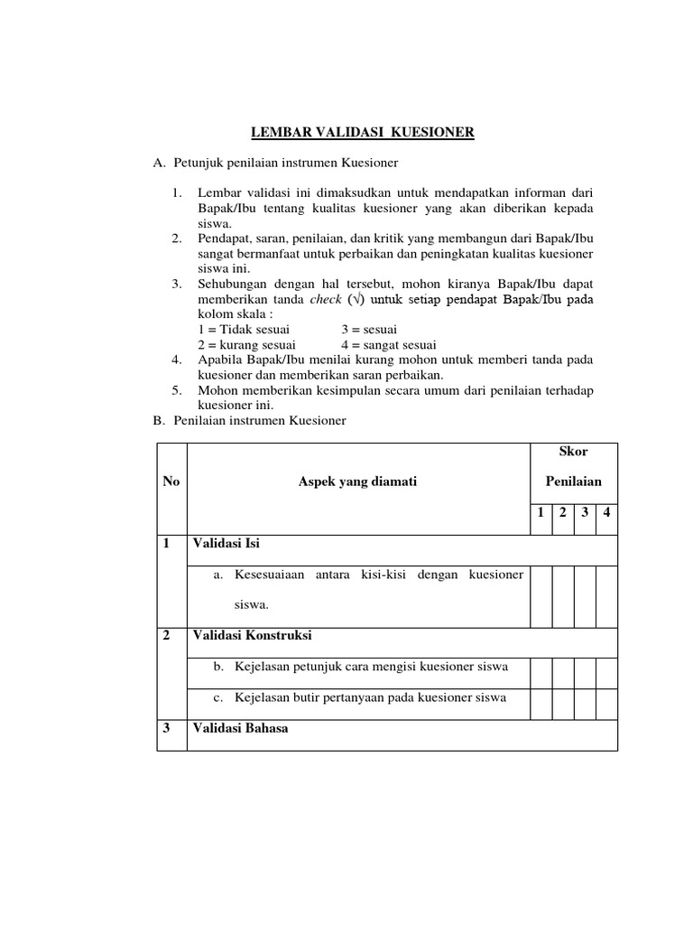 Lembar Validasi Kuesioner | PDF