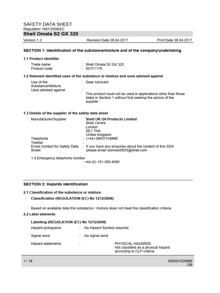 Shell Omala s2 GX 320 Msds | PDF | Toxicity | Dangerous Goods