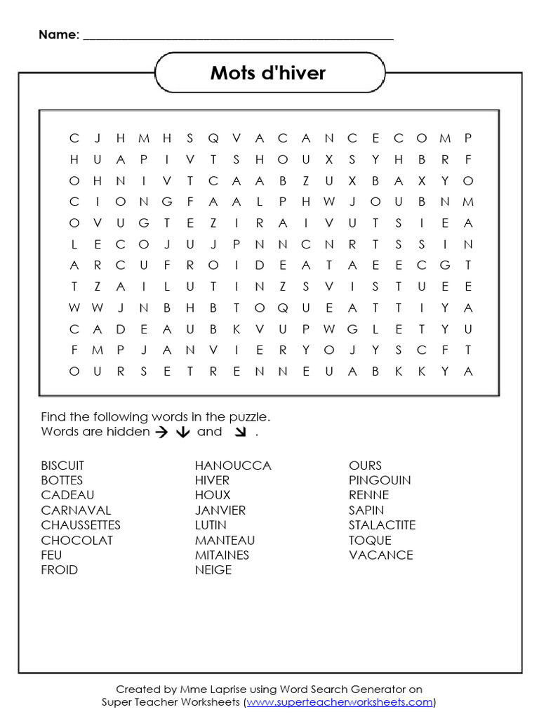 Wordsearch Mots Dhiver | PDF | Word Puzzles | Puzzles
