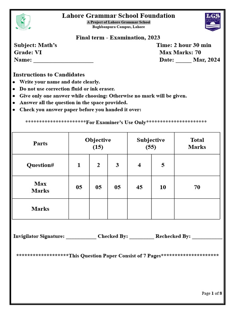 Grade VI Math Paper New | PDF | Area | Triangle