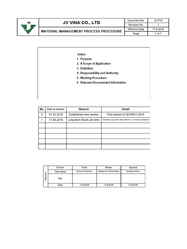 JV-P16 Material Management Process (OK) | PDF | Warehouse | Iso 9000