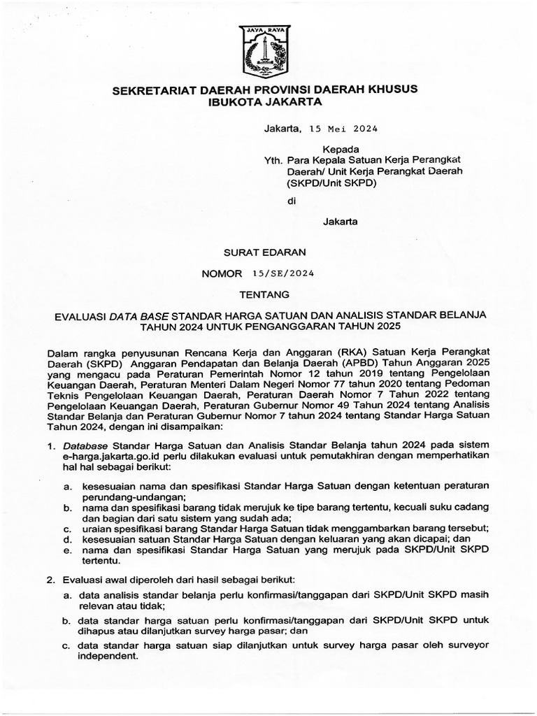 Surat Edaran Nomor 15 Tahun 2024 Evaluasi Database SHS Dan ASB | PDF