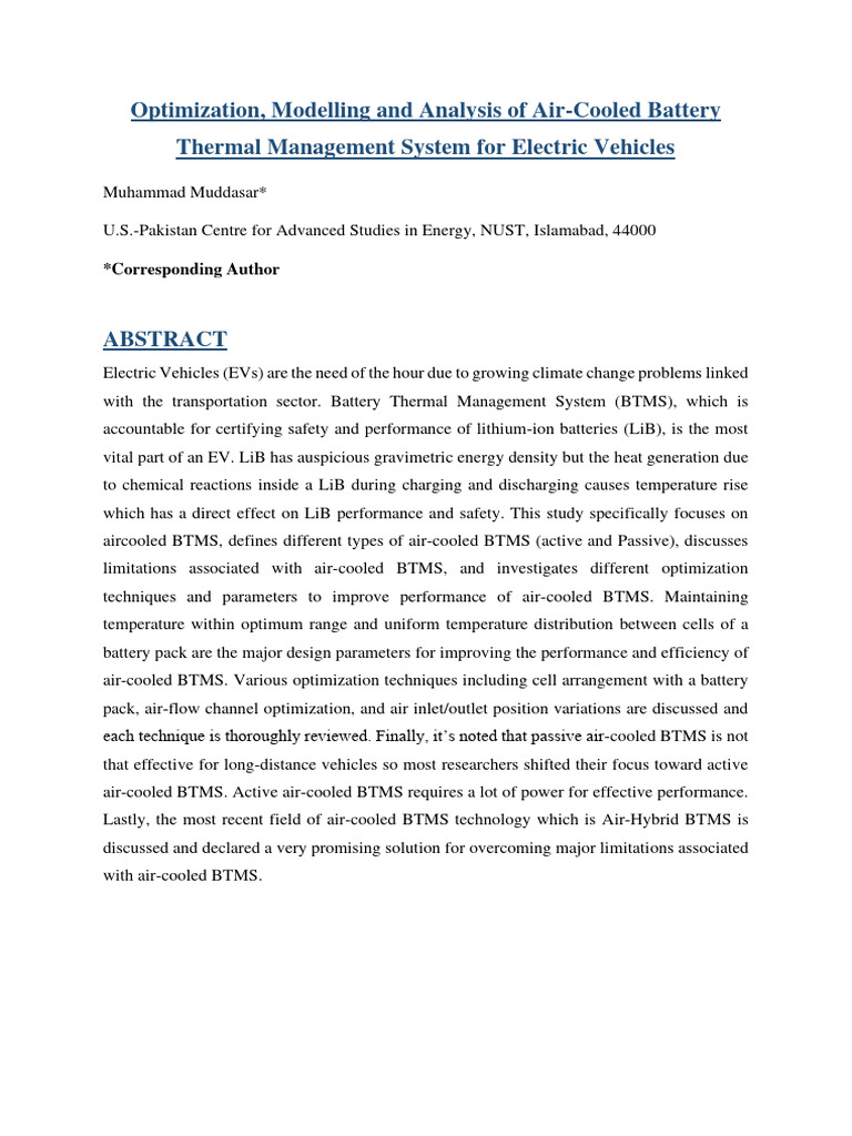 Optimization, Modelling and Analysis of Air-Cooled Battery Thermal ...