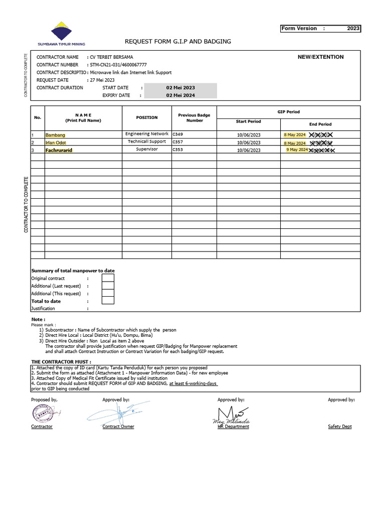GIP-Badging Request Form STM 2023 - Bambang - Irfan Odot - Fachrurarid | PDF