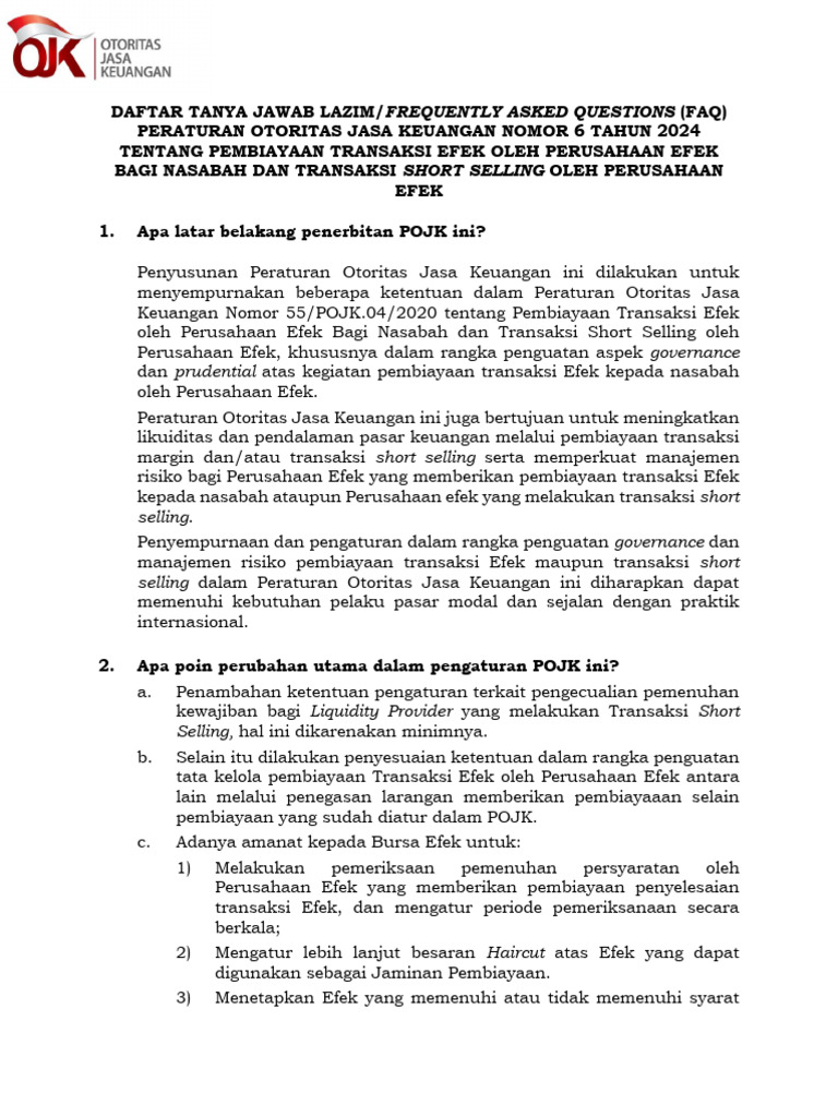 FAQ POJK 6 Tahun 2024 Pembiayaan Transaksi Efek Oleh Perusahaan Efek Bagi Nasabah Dan Transaksi ...