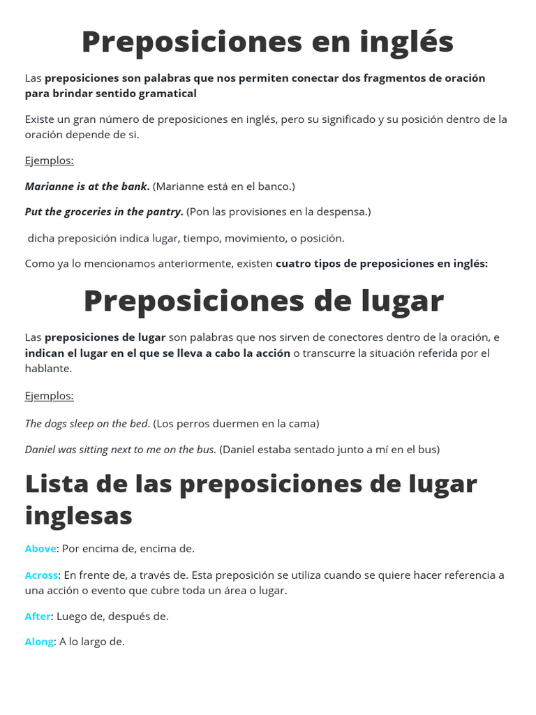 Preposiciones En Inglés Pdf Pdf Preposición Y Postposición