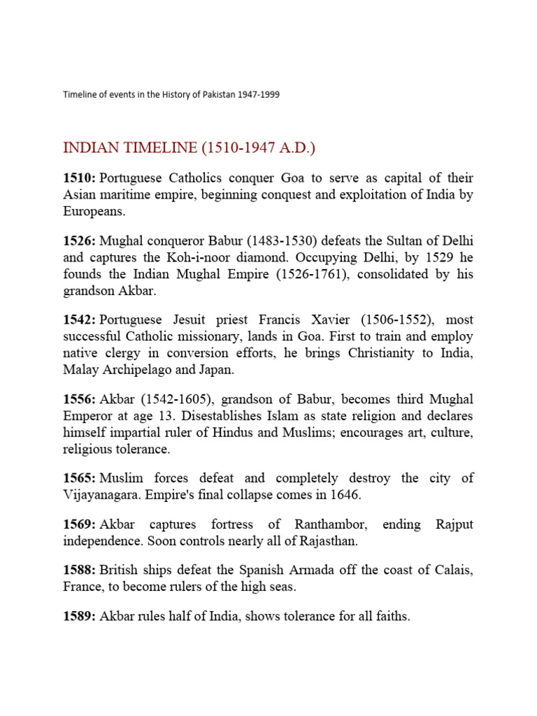 Pakistan History Timeline: 1947-1999 | PDF | Mughal Empire | British Raj