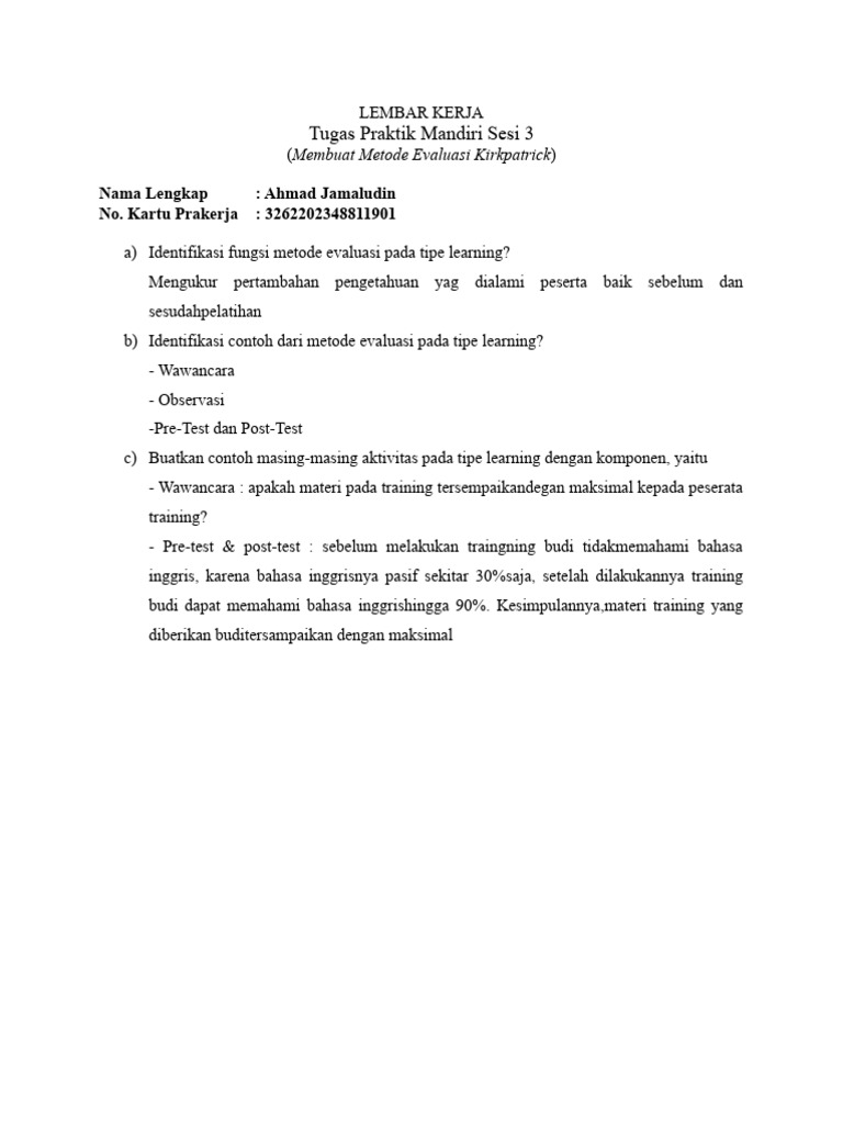 TPM 3 Membuat Metode Evaluasi Kirkpatrick - Ahmad Jamaludin | PDF | Karier & Perkembangan