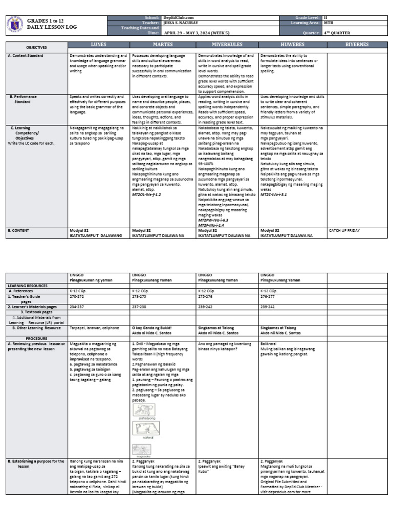 DLL - MTB 2 - Q4 - W5 | PDF