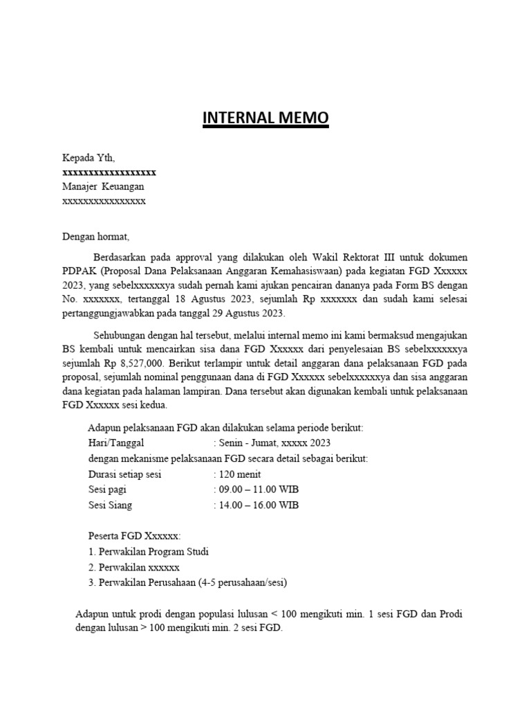 Memo Internal Penurunan Dana FGD Template 2 | PDF