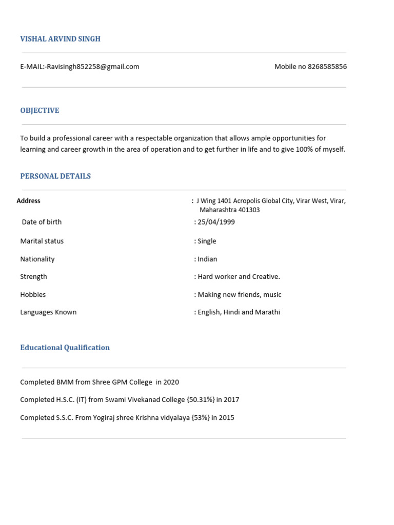 VISHAL ARVIND SINGH Resume | PDF