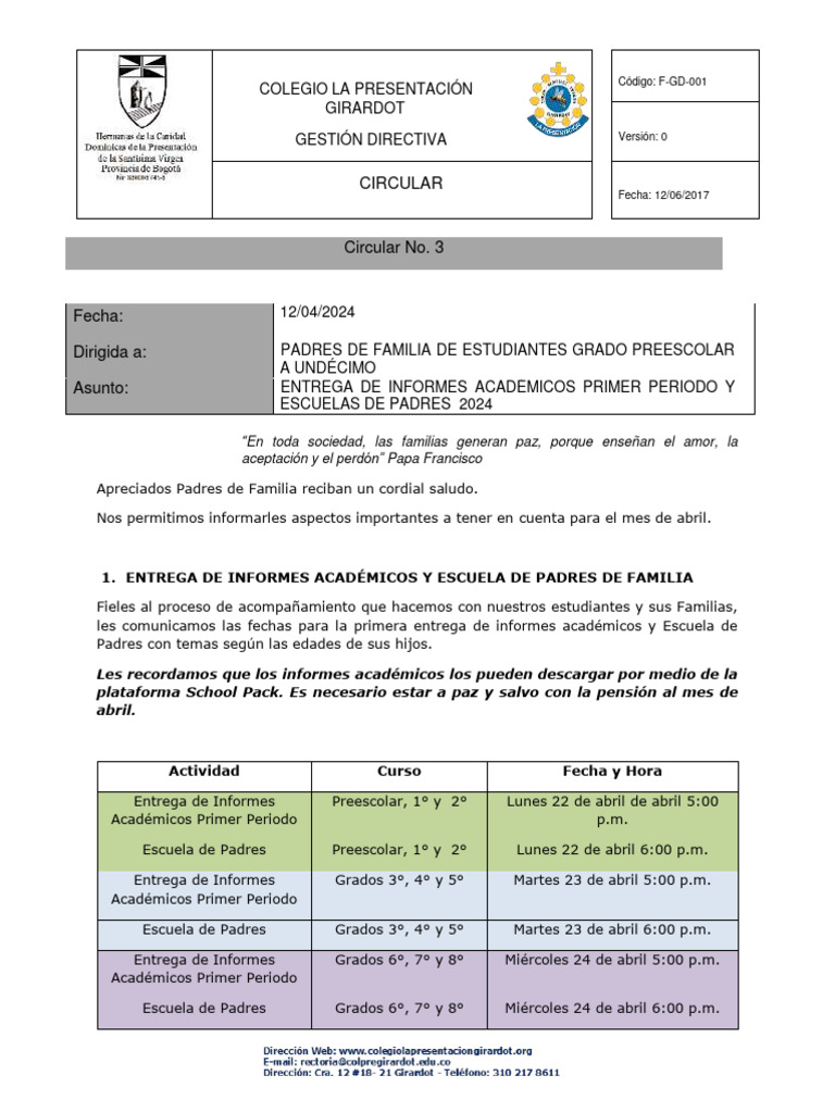 Circular No. 3 ENTREGA DE INFORMES Y ESCUELAS DE PADRES I PERIODO 2024 ...