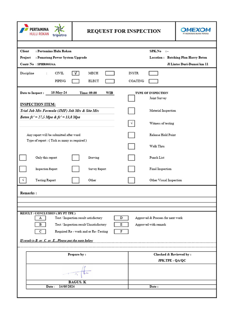 RFI - Trial Job Mix Formula (JMF) Job Mix & Site Mix Beton FC' 27,5 Mpa ...