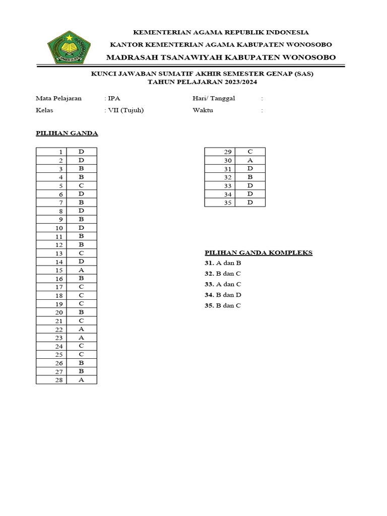 Kunci Jawaban CBT Sas Ipa Kelas 7 TH 2023-2024 Sem Genap | PDF