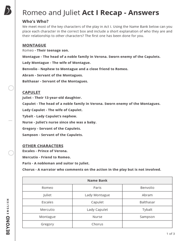 Romeo and Juliet Act I Recap-Answers | PDF | Characters In Romeo And ...