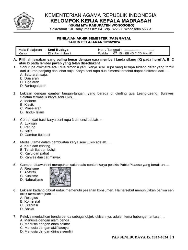 Soal PAS SBK 9 2023-2024 K-13 CBT | PDF | Seni