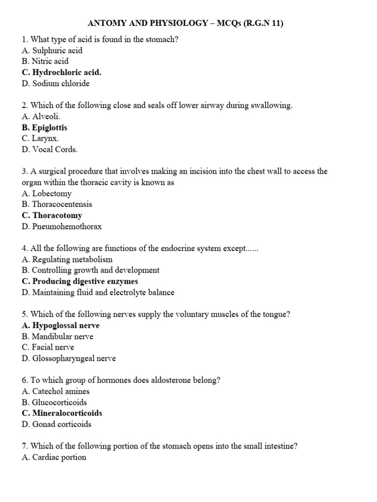 Antomy and Physiology Mcqs | PDF | Pancreas | Respiratory Tract