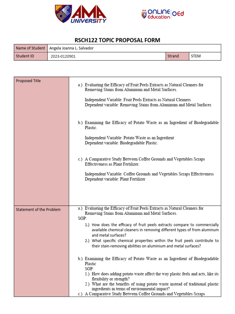 RSCH122 - Topic Proposal Form | PDF | Biodegradation | Plastic