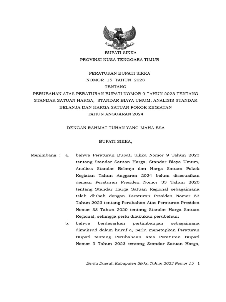 Perbup 15 2023 Perubahan SSH 2024 - Perbup Standar Harga 2024 | PDF | Teknologi & Rekayasa