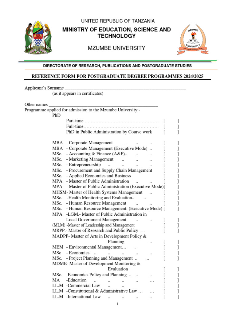 Reference Forms For Postgraduate Degree Programmes 2024 - 2025 Academic ...