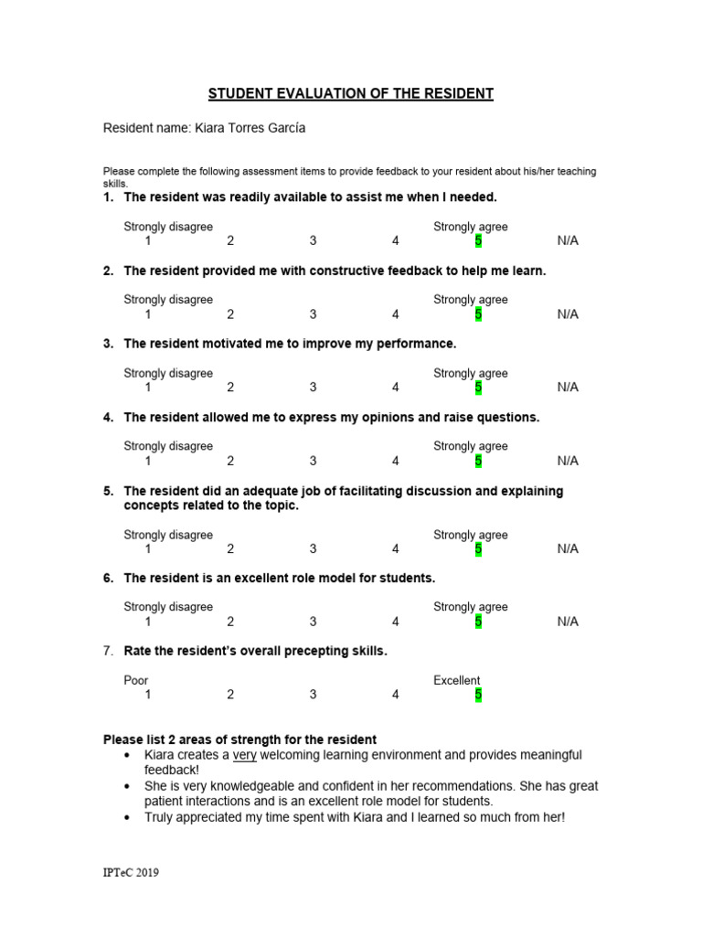 Student Eval of Resident 1 | PDF | Behavioural Sciences | Psychological Concepts