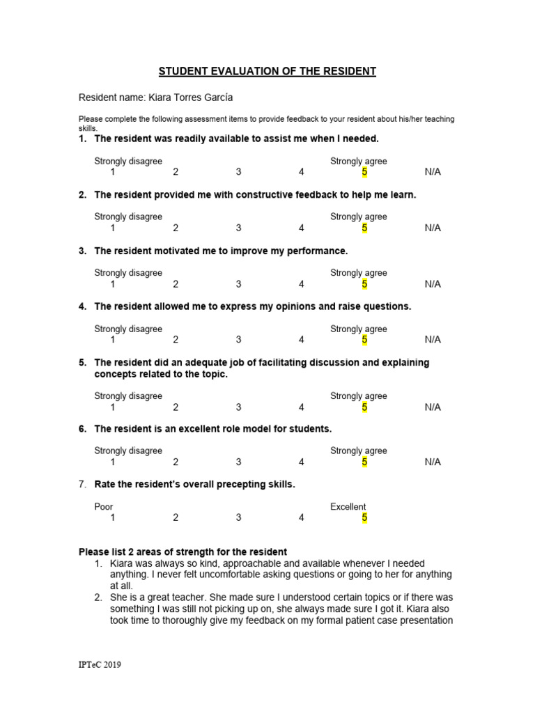 Student Eval of Resident 2 | PDF | Cognition | Learning