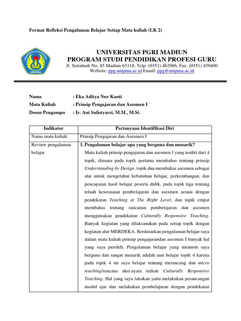 Jurnal Refleksi - Eka Aditya Nur Kanti - PrinsipPenajaran Dan Asesmen I | PDF | Karier ...