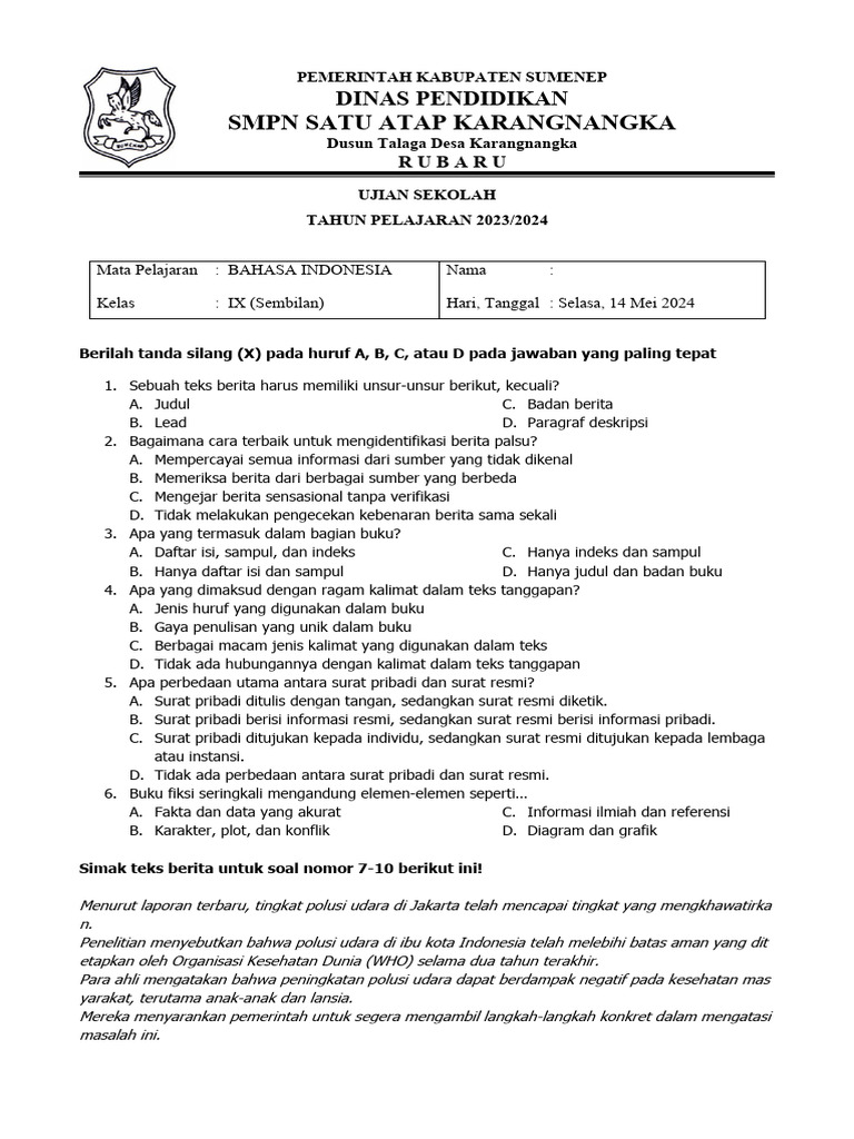 Lembar Soal Ujian Sekolah Kelas 9 | PDF