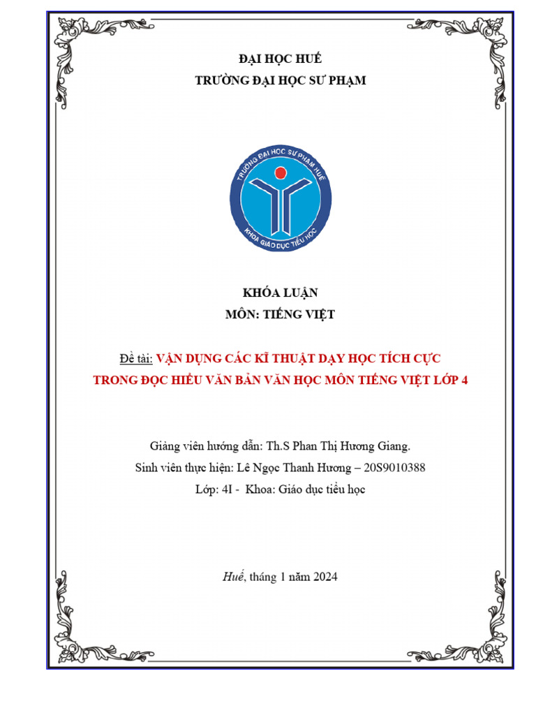 Đề cương khoá luận KTDH trong đọc hiểu (Thanh Hương) | PDF