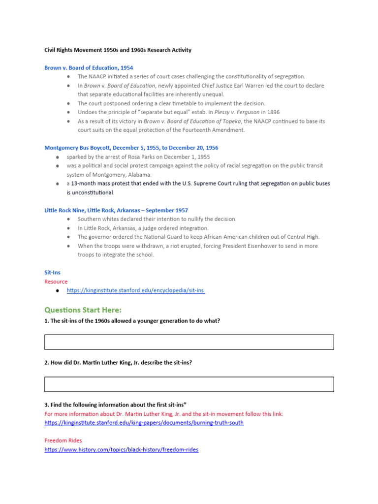 Student Facing - Webquest - Civil Rights Movement 1950s and 1960s ...