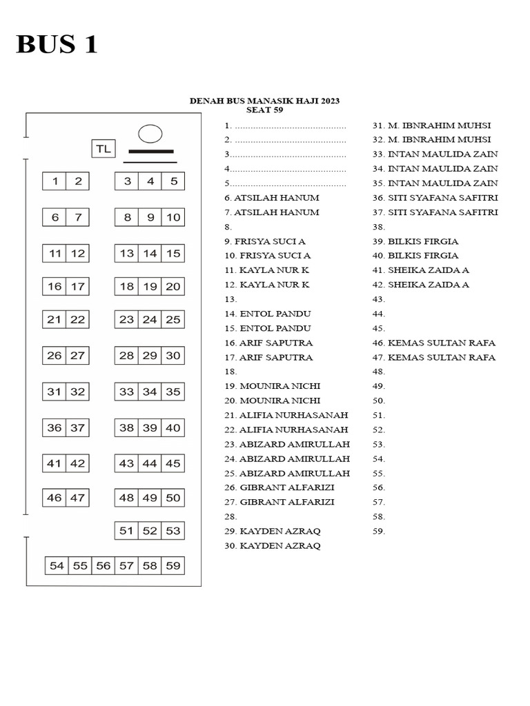 Denah Bus 59 Manasik Haji Bus 1 2023 | PDF