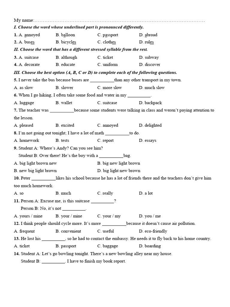 Test Semester 2 (Test 1) - Word | PDF | Baggage